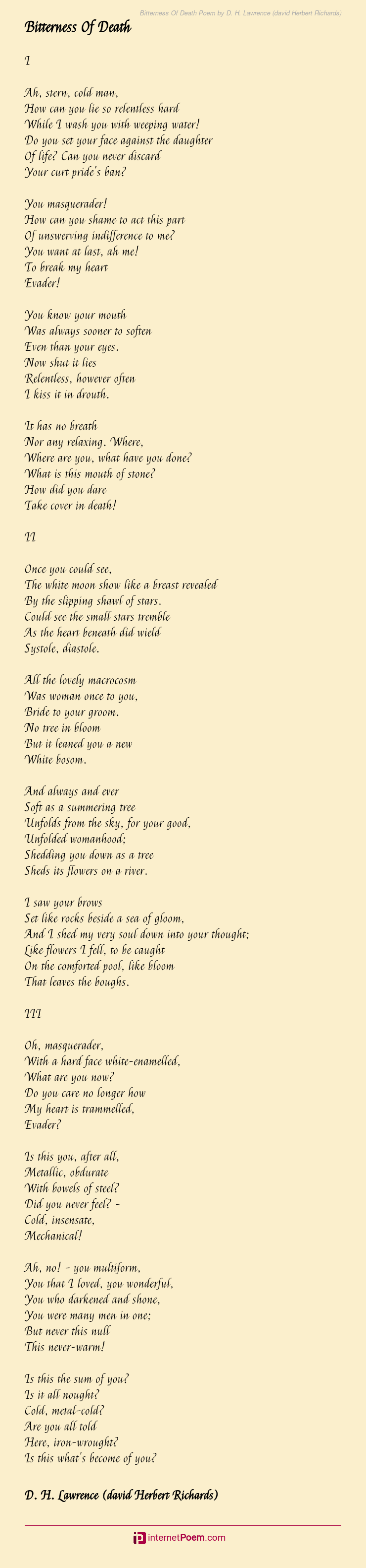 Bitterness Of Death Poem by D. H. Lawrence (david Herbert Richards)