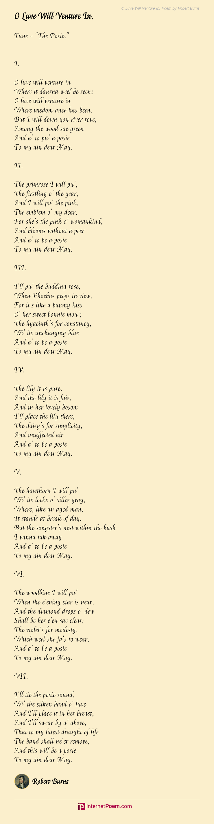 O Luve Will Venture In. Poem by Robert Burns