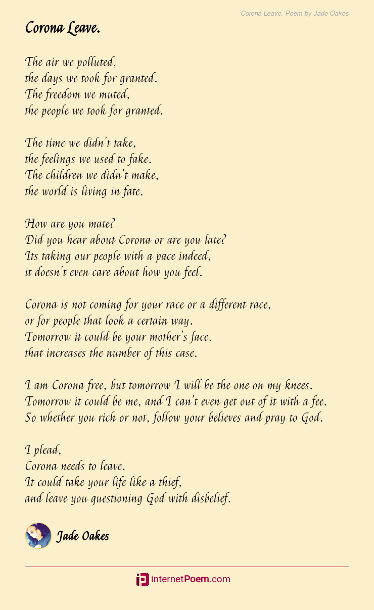 Corona Leave. Poem by Jade Oakes