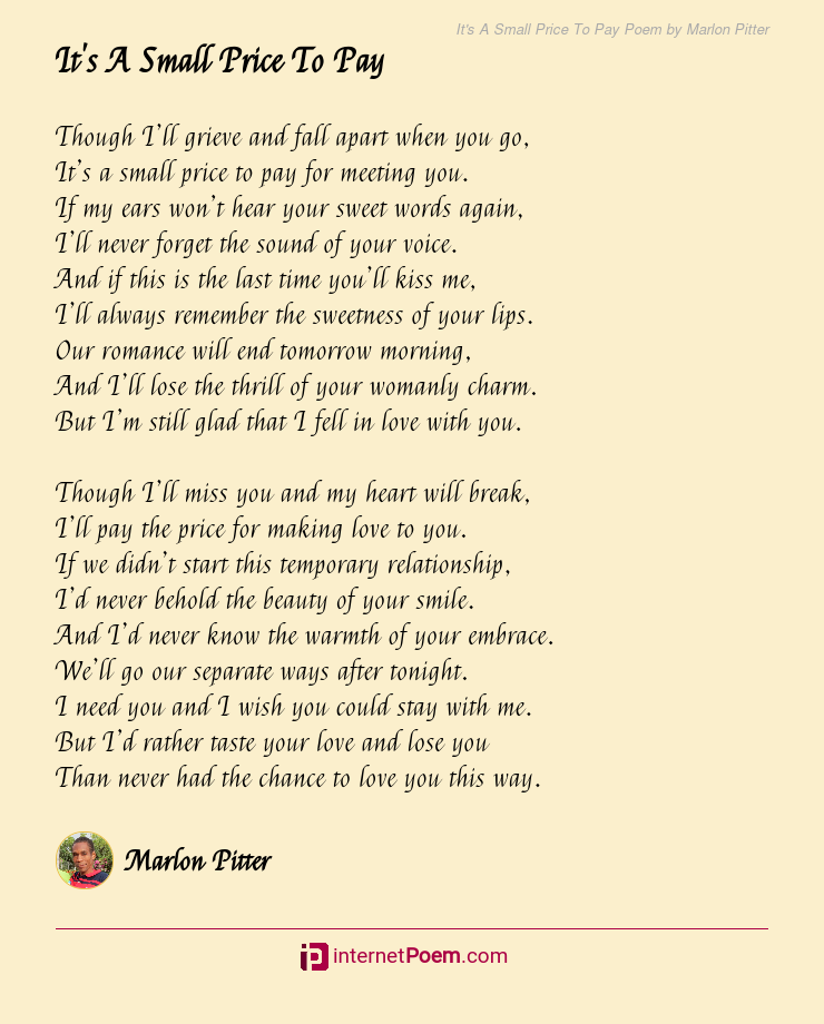 It's A Small Price To Pay Poem by Marlon Pitter