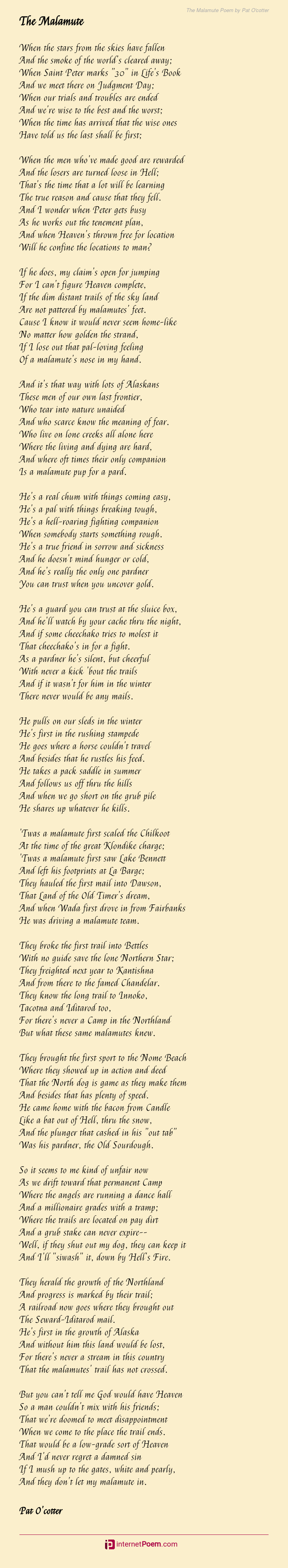 The Malamute Poem by Pat O'cotter
