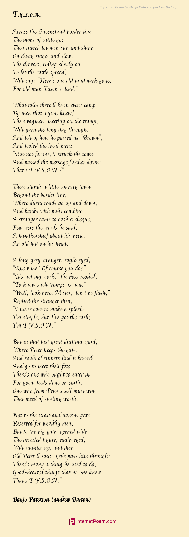 T.y.s.o.n. Poem by Banjo Paterson (andrew Barton)