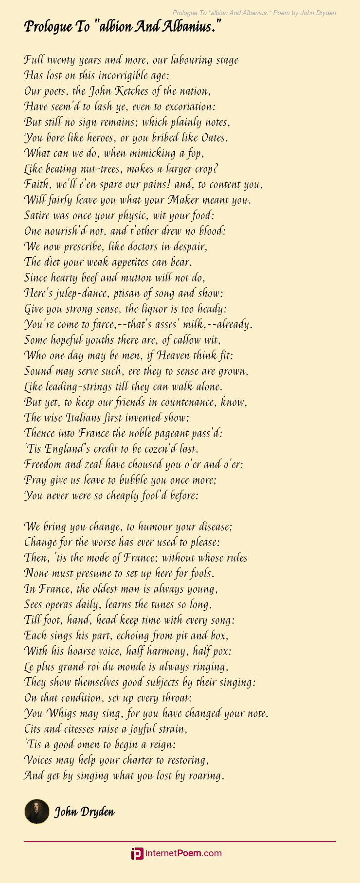 Prologue To "albion And Albanius." Poem by John Dryden