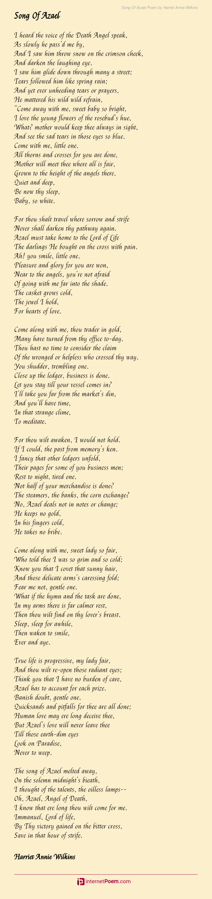 Song Of Azael Poem by Harriet Annie Wilkins