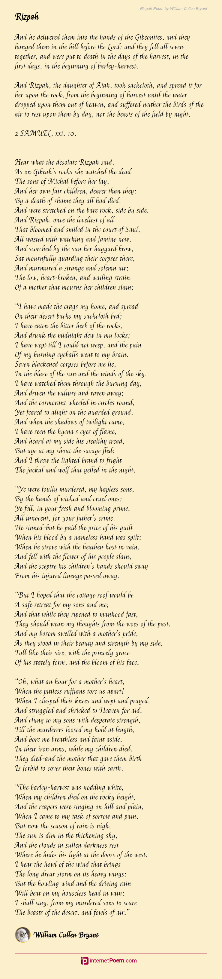 Rizpah Poem by William Cullen Bryant