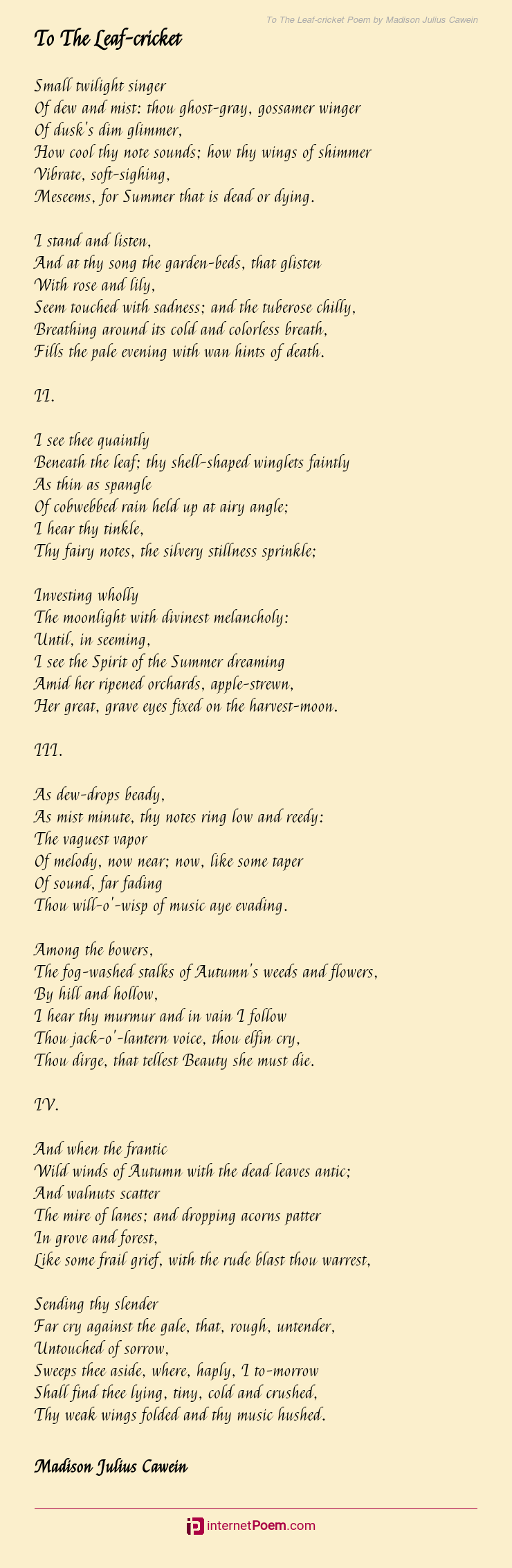 To The Leaf-cricket Poem by Madison Julius Cawein