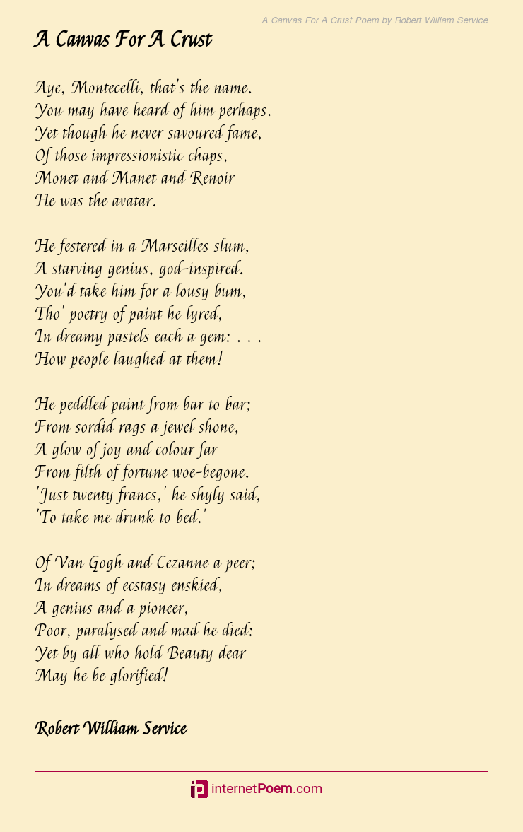 A Canvas For A Crust Poem by Robert William Service