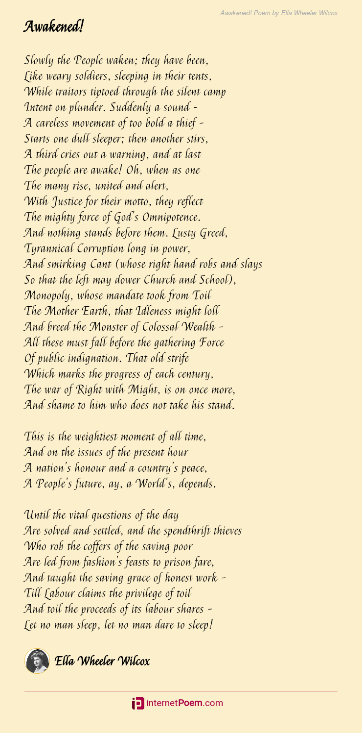 Awakened! Poem by Ella Wheeler Wilcox