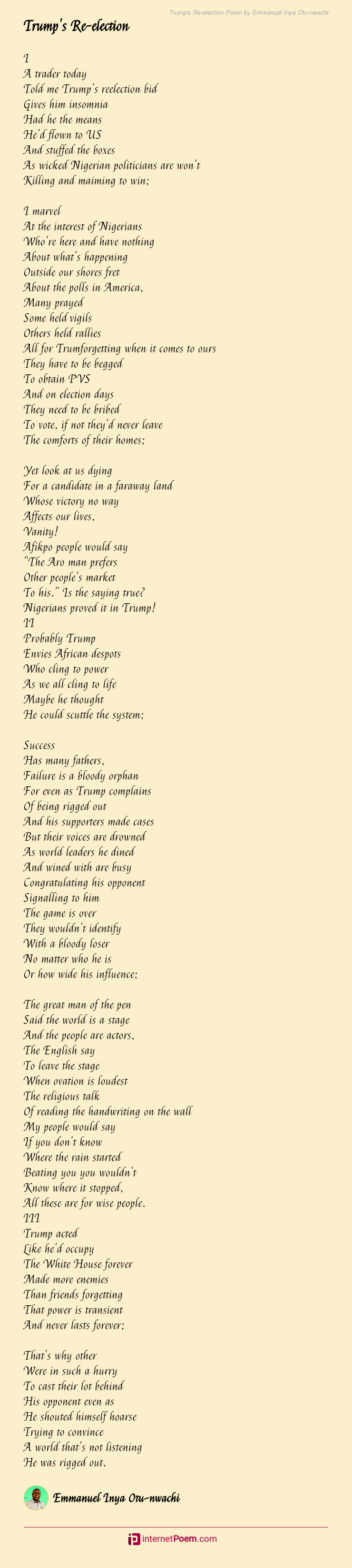Trump's Reelection Poem by Emmanuel Inya Otu-nwachi