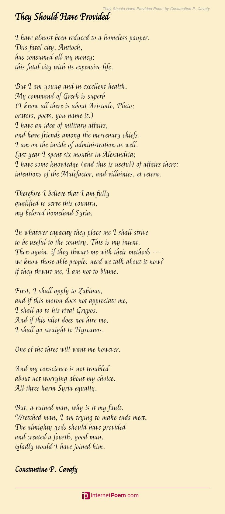 They Should Have Provided Poem by Constantine P. Cavafy
