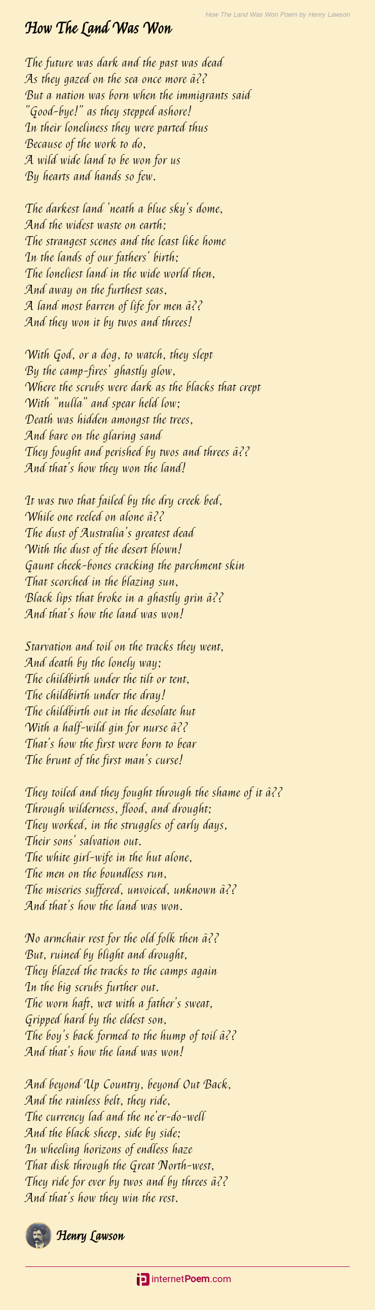 How The Land Was Won Poem by Henry Lawson