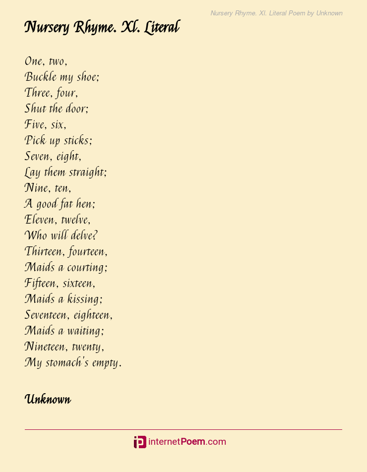 Nursery Rhyme. Xl. Literal Poem by Unknown
