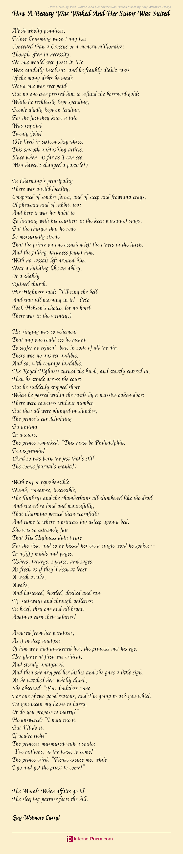 How A Beauty Was Waked And Her Suitor Was Suited Poem by Guy Wetmore Carryl