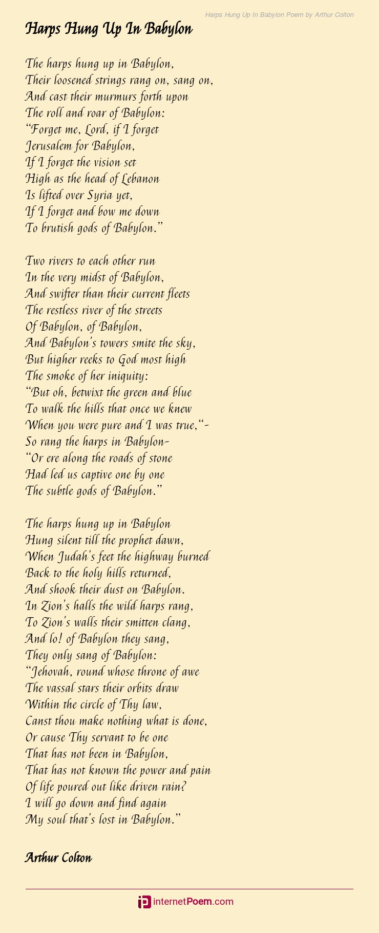 Harps Hung Up In Babylon Poem by Arthur Colton