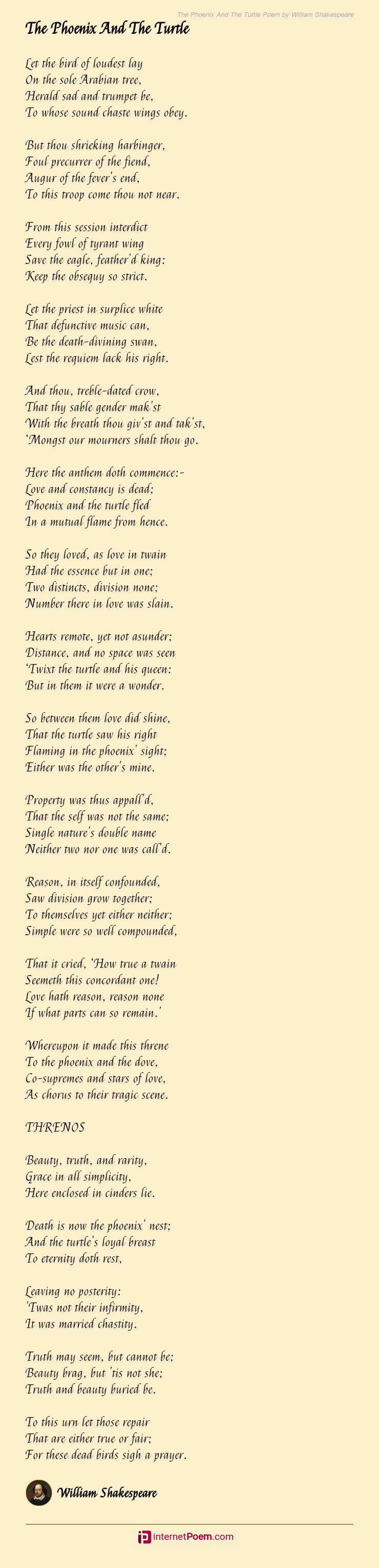 The Phoenix And The Turtle Poem by William Shakespeare