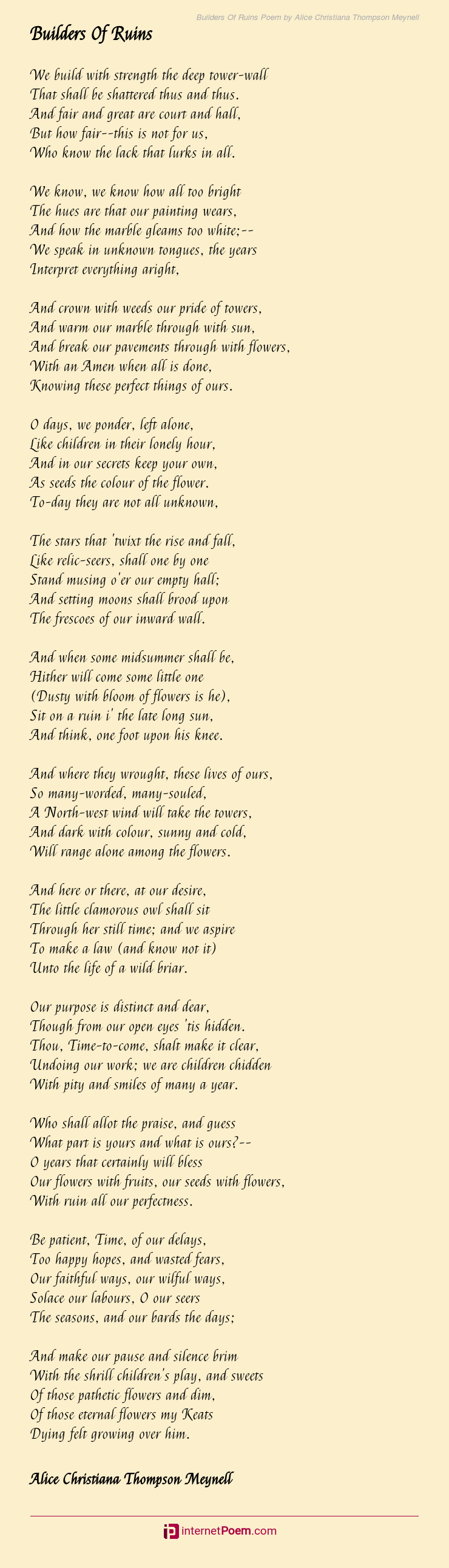 Builders Of Ruins Poem by Alice Christiana Thompson Meynell
