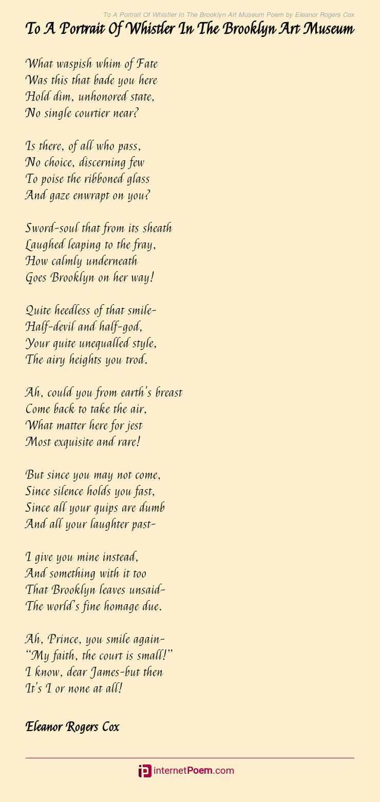 To A Portrait Of Whistler In The Brooklyn Art Museum Poem by Eleanor ...
