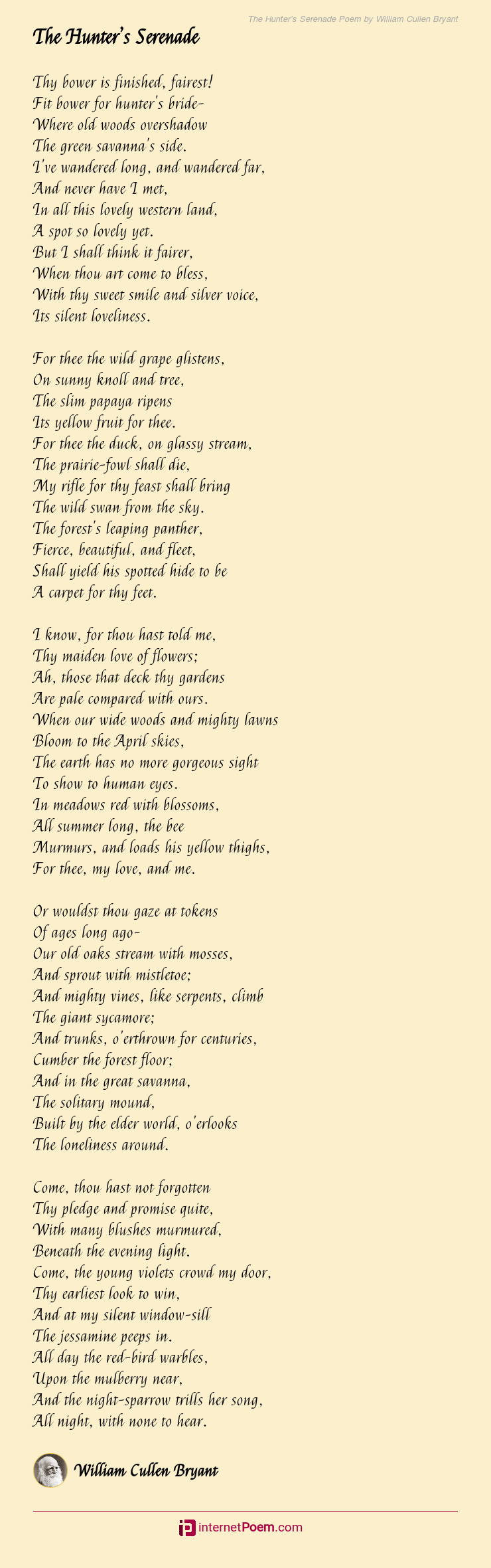 The Hunter's Serenade Poem by William Cullen Bryant