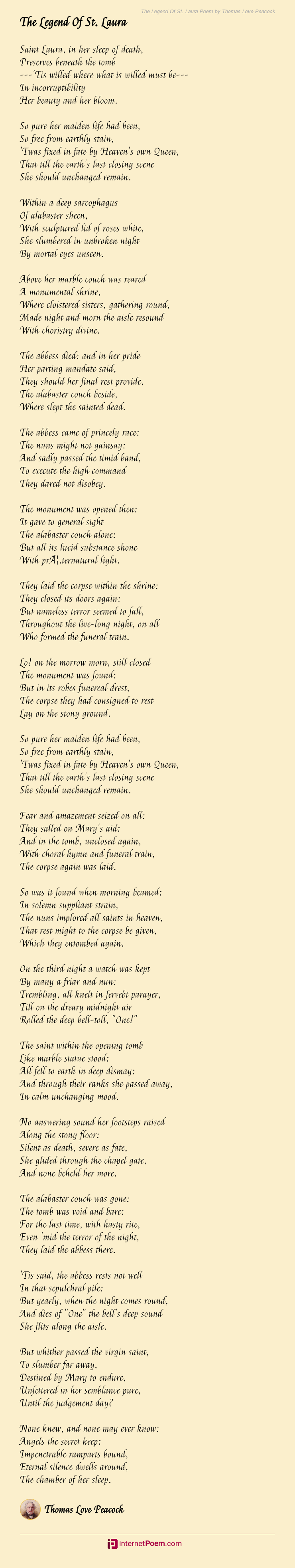 The Legend Of St. Laura Poem by Thomas Love Peacock