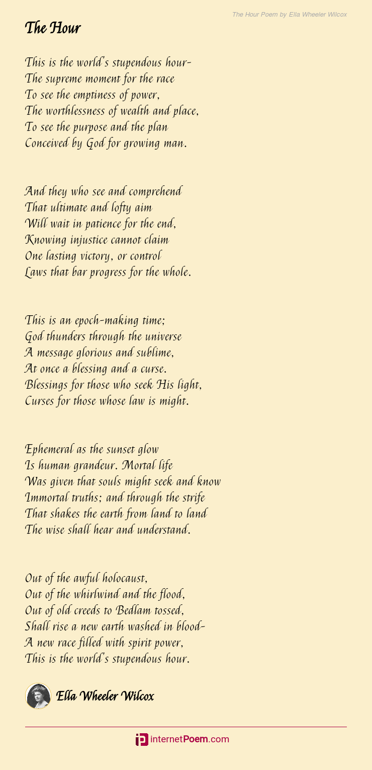 The Hour Poem by Ella Wheeler Wilcox