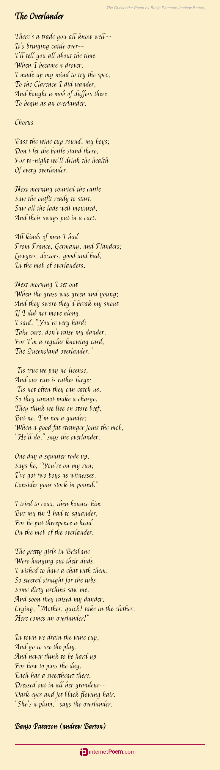 The Overlander Poem by Banjo Paterson (andrew Barton)