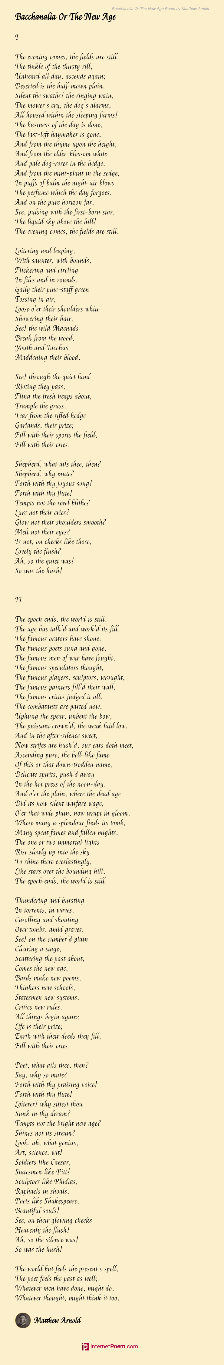 Bacchanalia Or The New Age Poem by Matthew Arnold