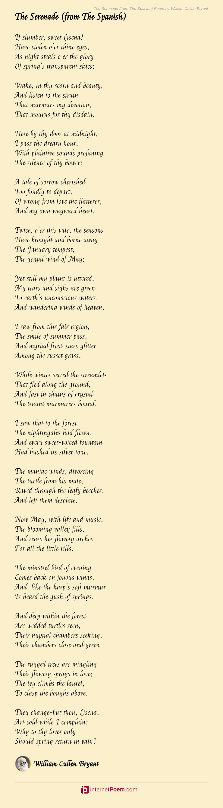 The Serenade (from The Spanish) Poem by William Cullen Bryant