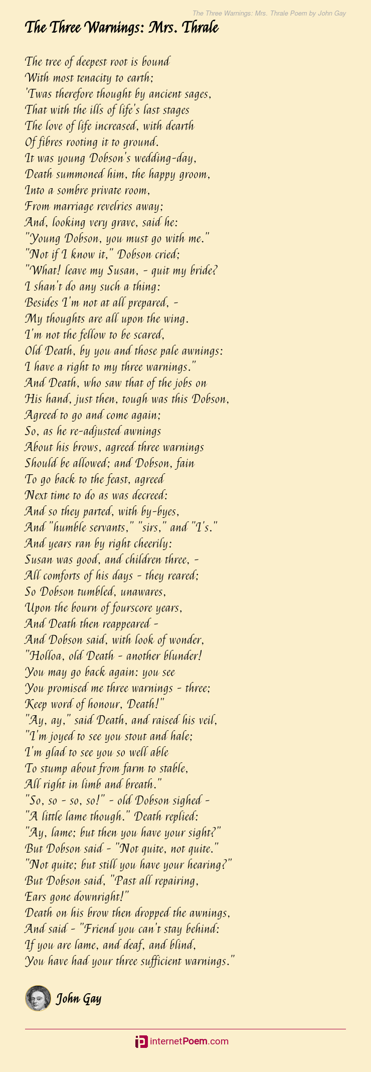 The Three Warnings: Mrs. Thrale Poem by John Gay