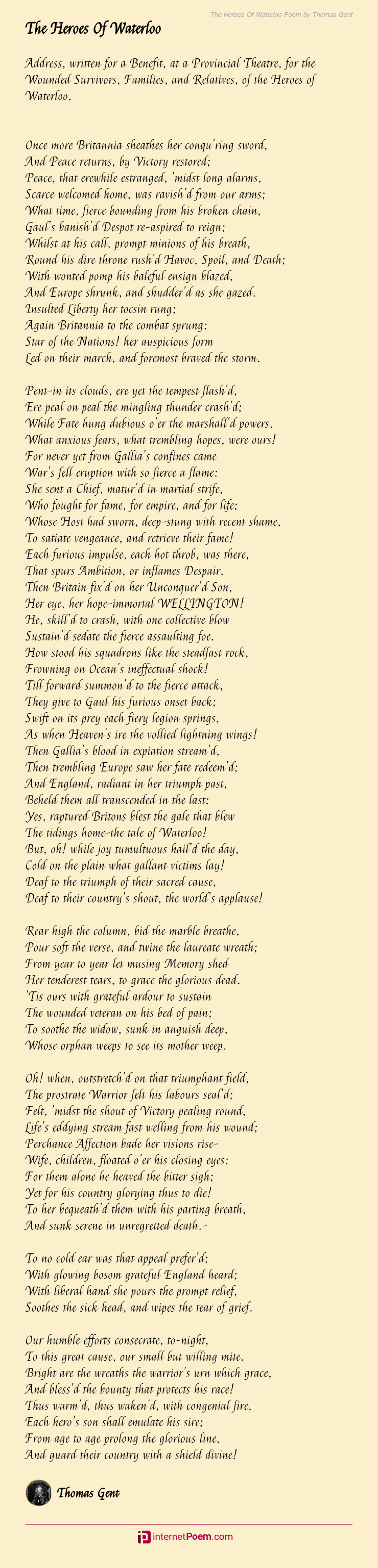 The Heroes Of Waterloo Poem by Thomas Gent