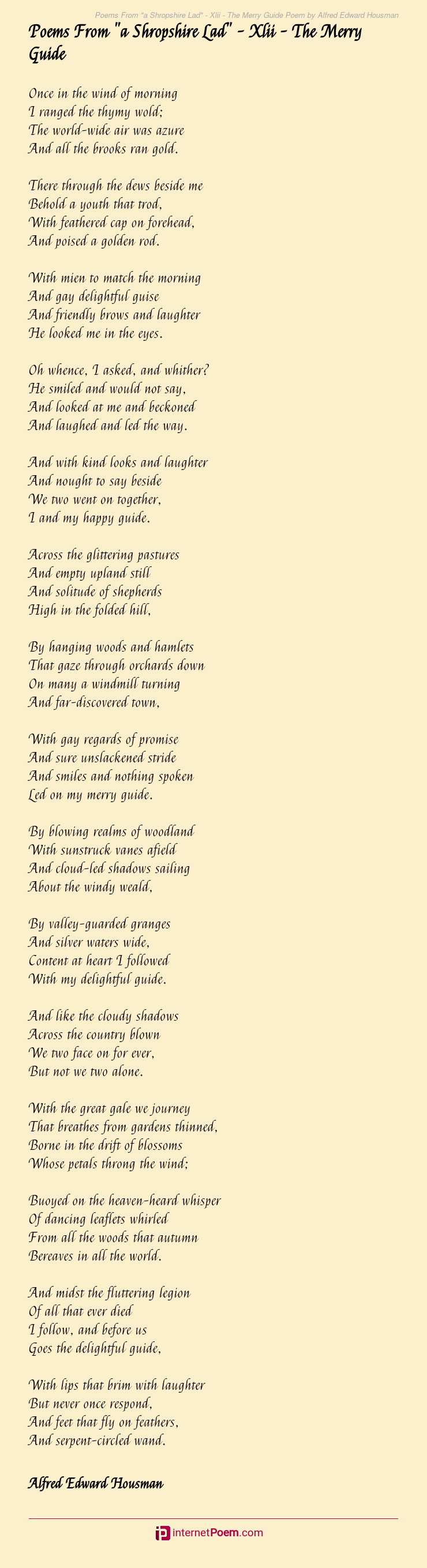 Poems From "a Shropshire Lad" - Xlii - The Merry Guide Poem by Alfred ...
