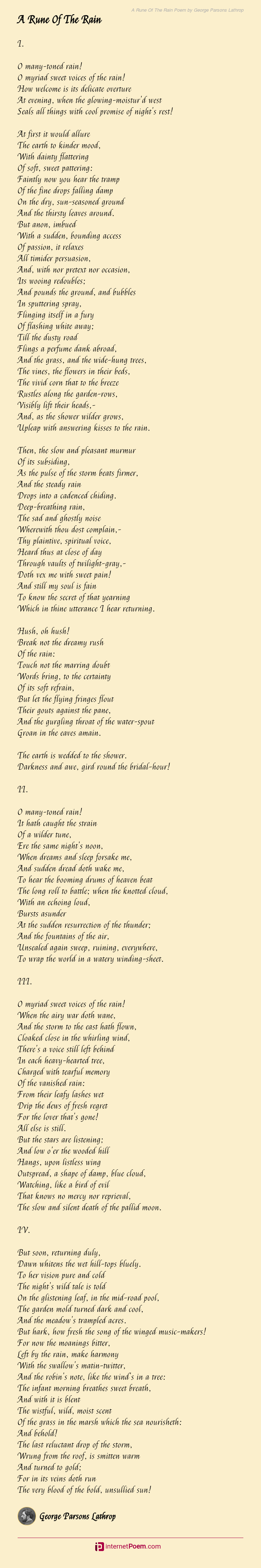 A Rune Of The Rain Poem by George Parsons Lathrop