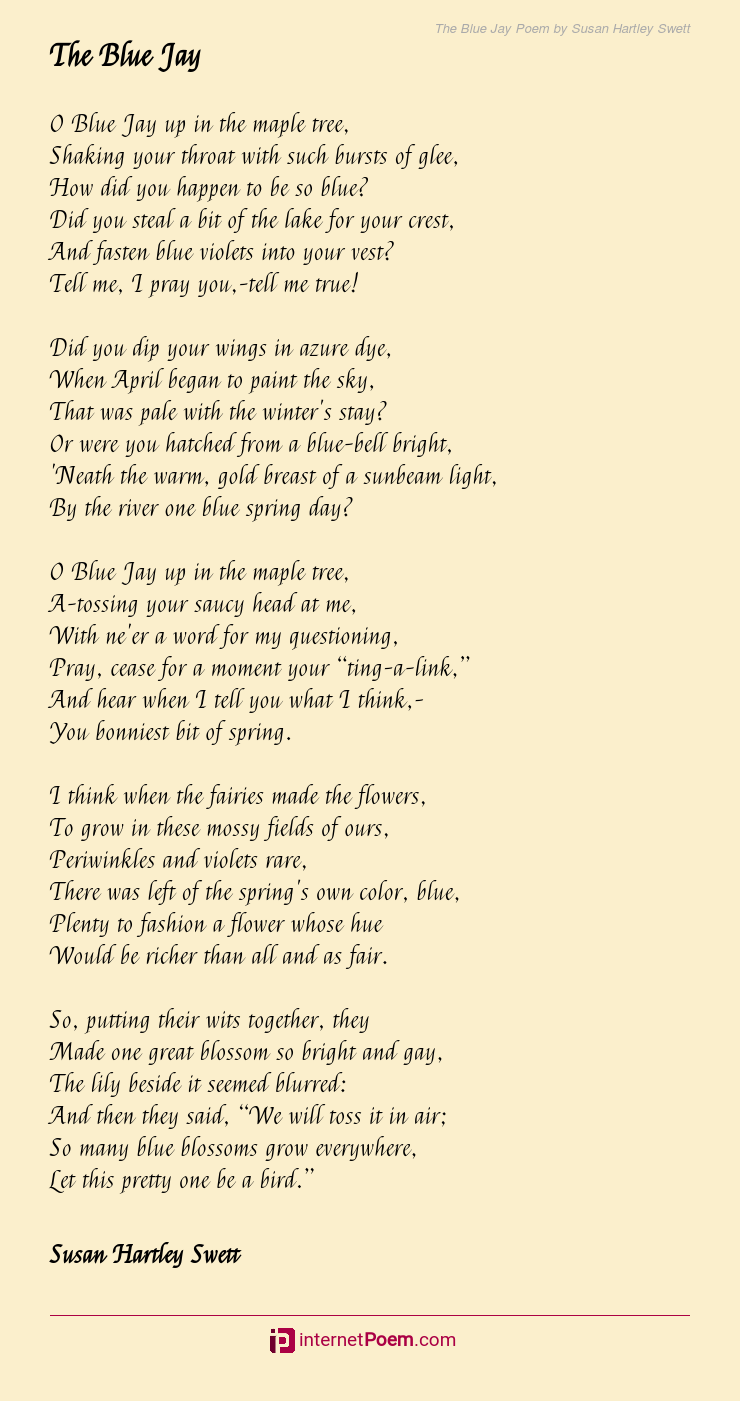 The Blue Jay Poem by Susan Hartley Swett