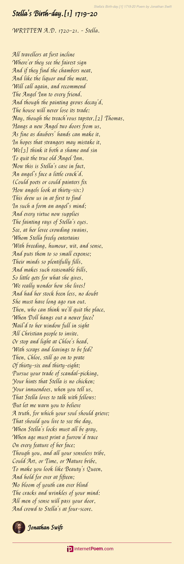 Stella's Birth-day.[1] 1719-20 Poem by Jonathan Swift