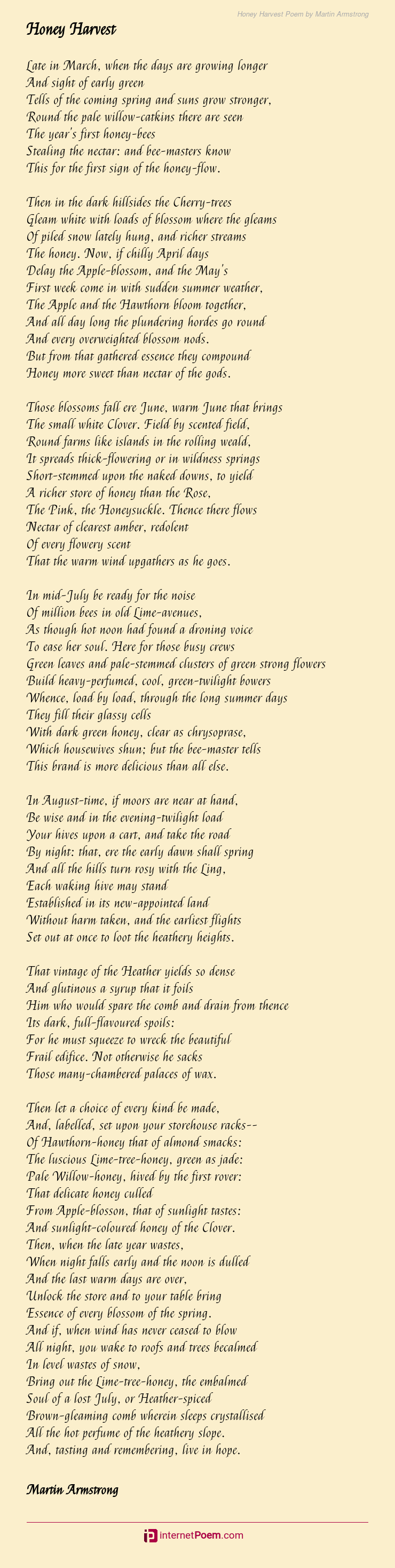 Honey Harvest Poem by Martin Armstrong