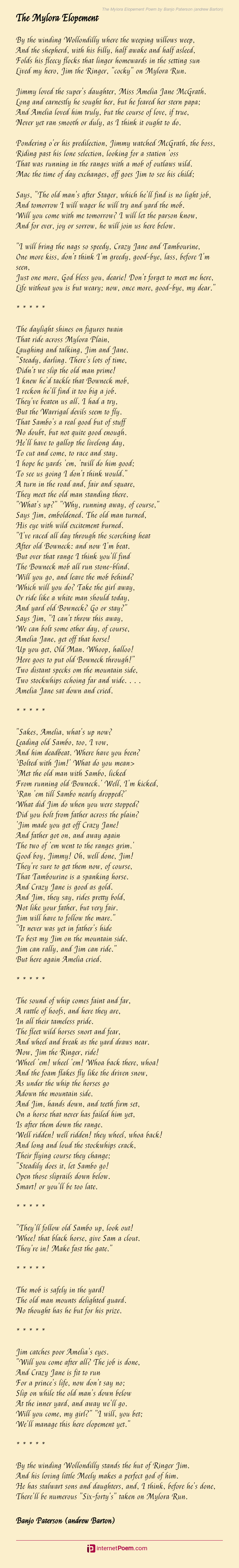 The Mylora Elopement Poem by Banjo Paterson (andrew Barton)