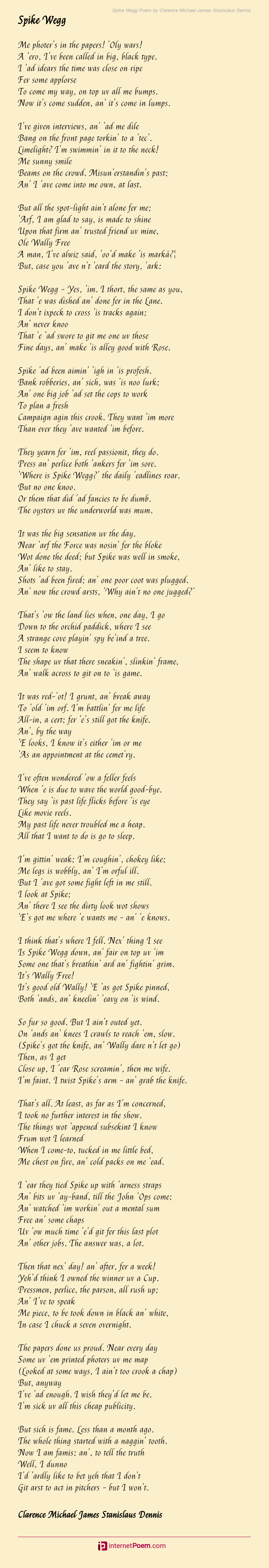 Spike Wegg Poem by Clarence Michael James Stanislaus Dennis