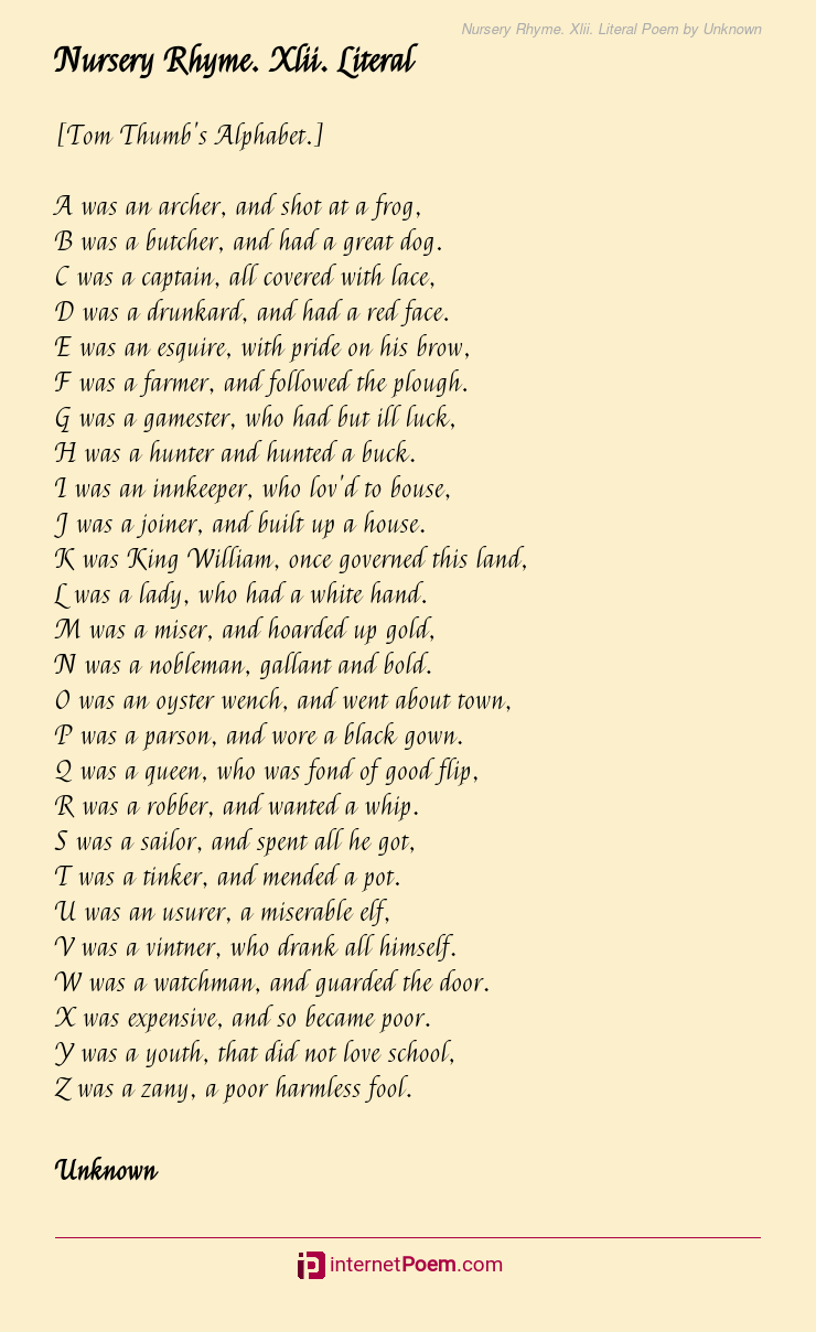 Nursery Rhyme. Xlii. Literal Poem by Unknown