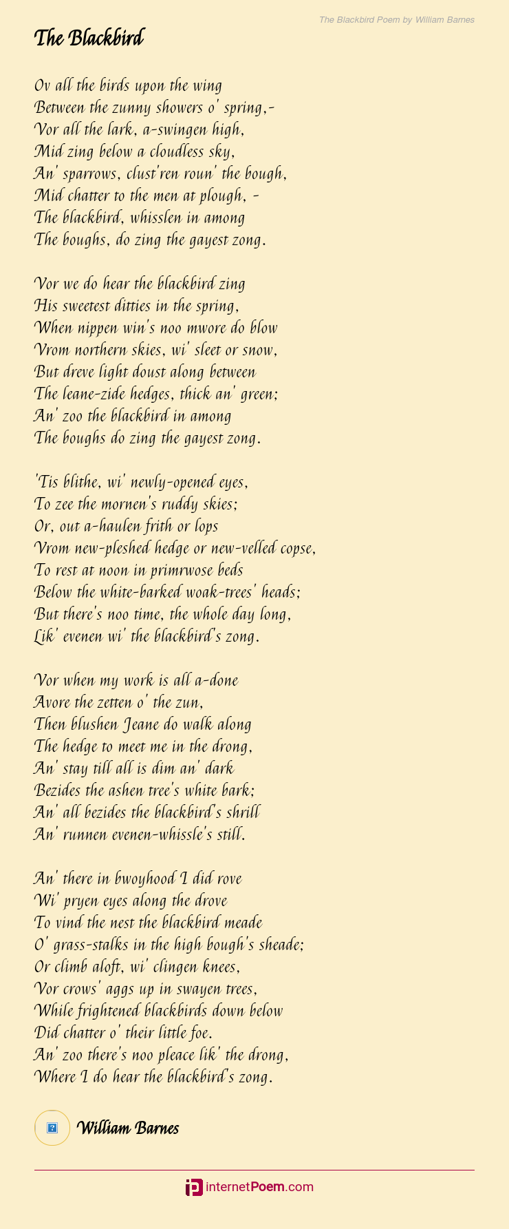 The Blackbird Poem by William Barnes