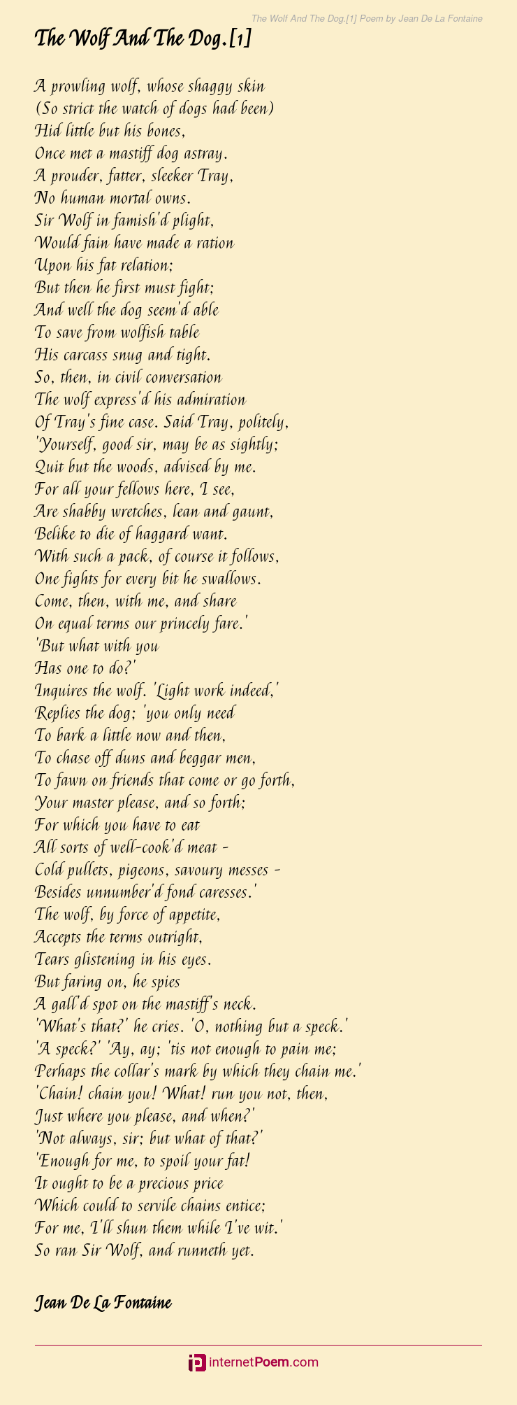 The Wolf And The Dog.[1] Poem by Jean De La Fontaine