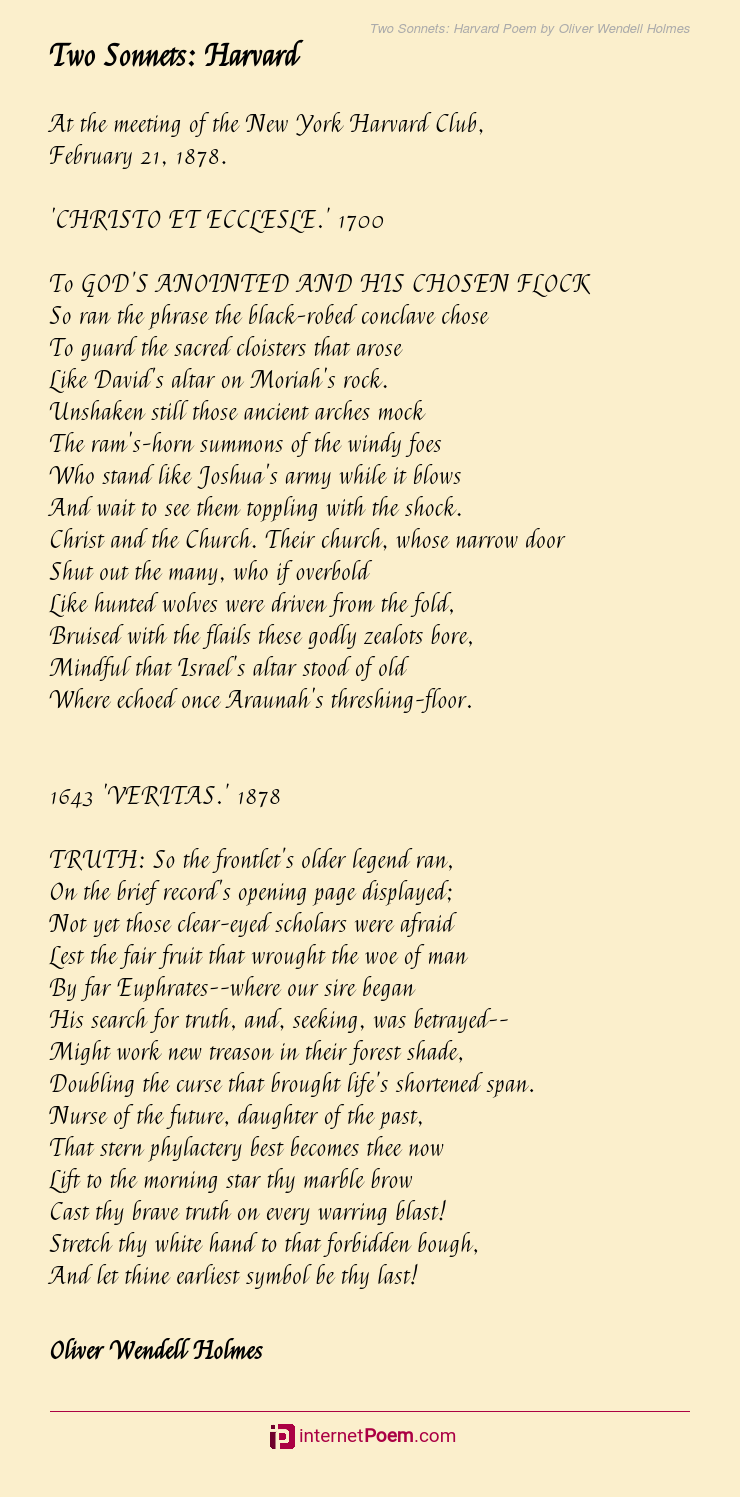 Two Sonnets: Harvard Poem by Oliver Wendell Holmes