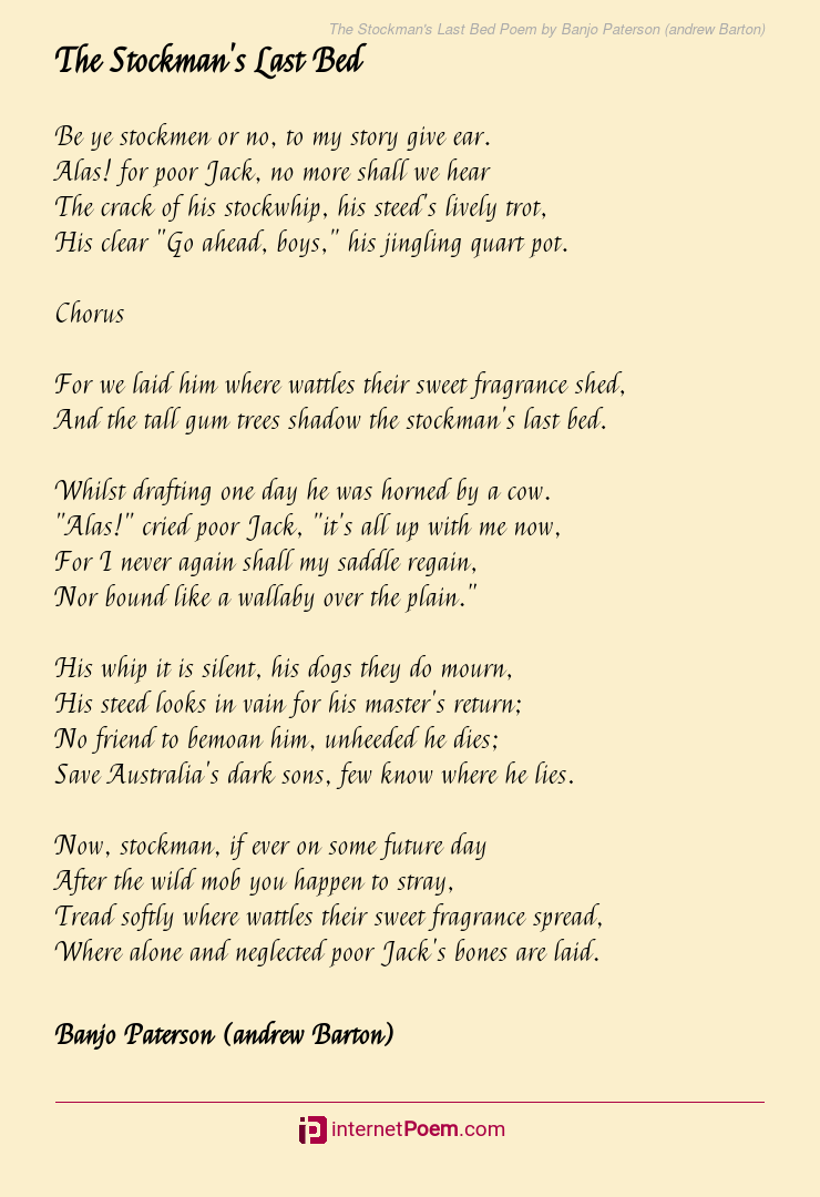 The Stockman's Last Bed Poem by Banjo Paterson (andrew Barton)