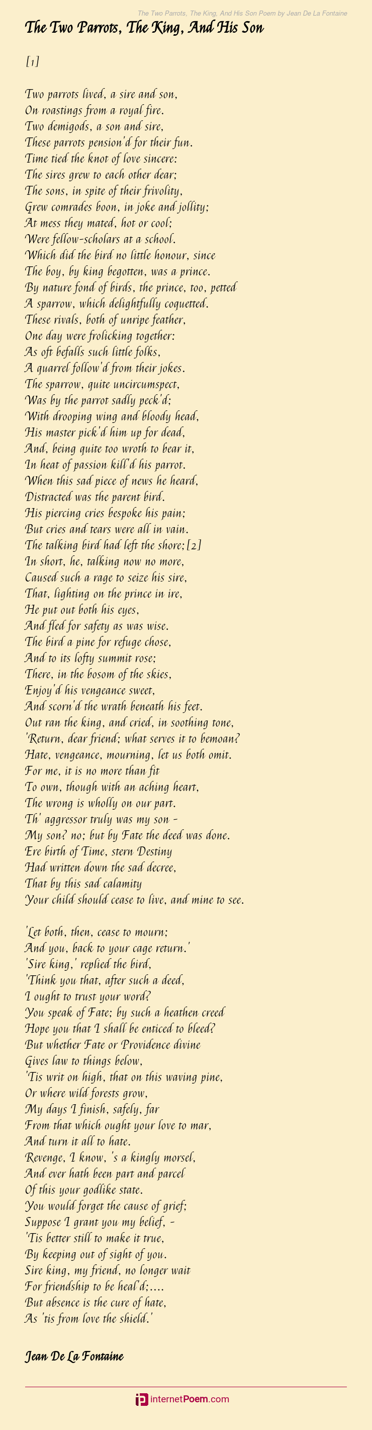The Two Parrots, The King, And His Son Poem by Jean De La Fontaine