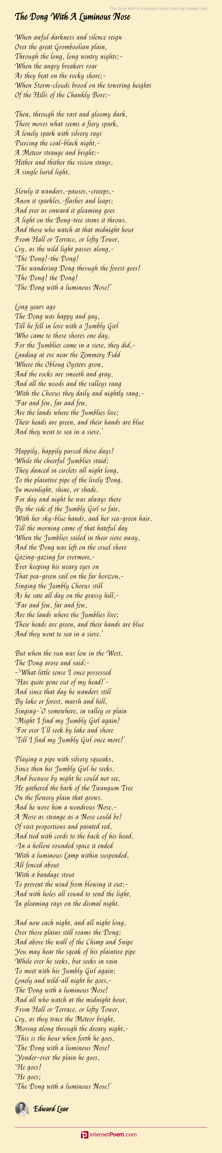 The Dong With A Luminous Nose Poem by Edward Lear