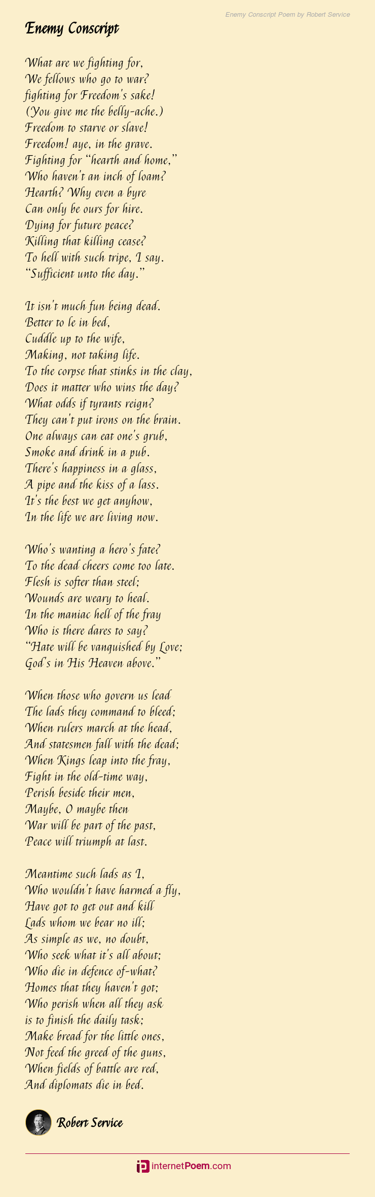 Enemy Conscript Poem by Robert Service