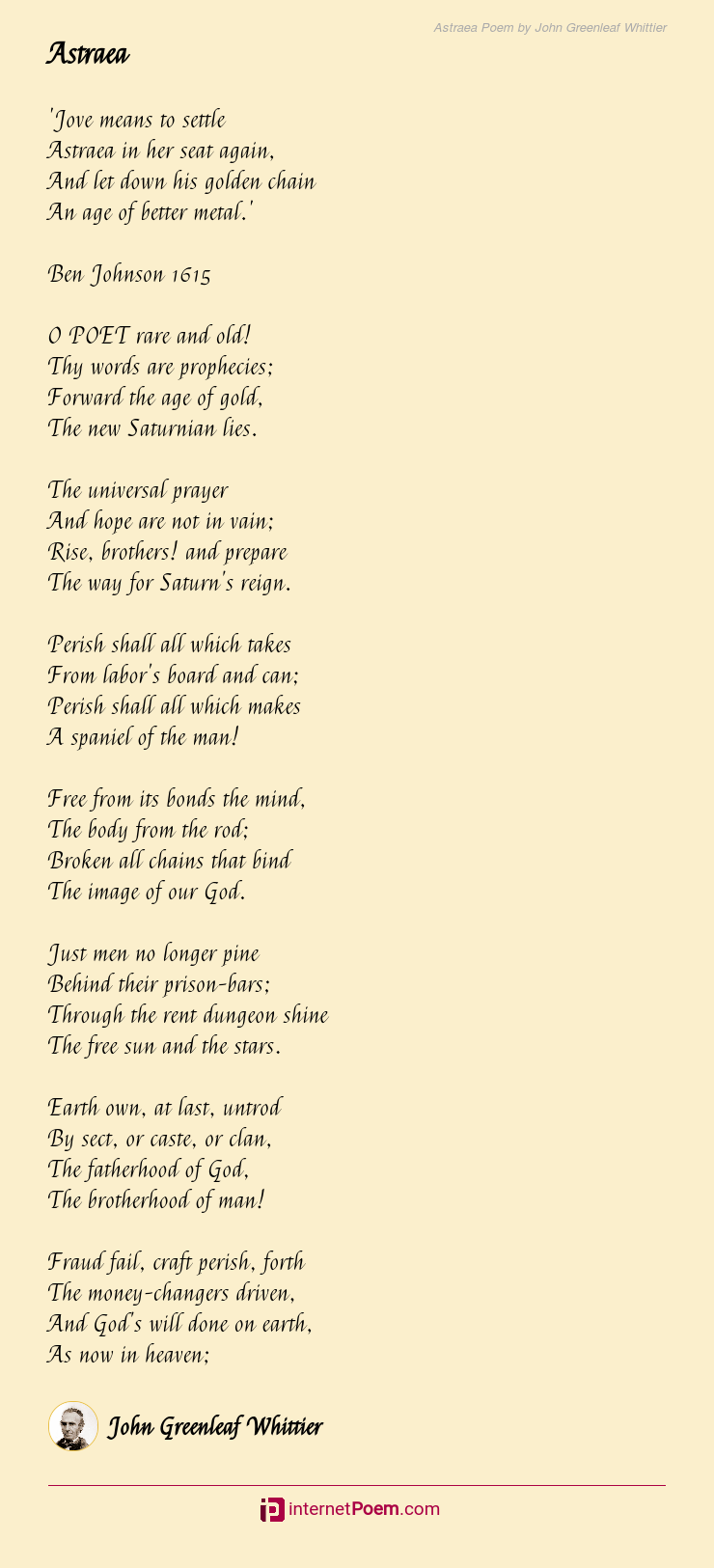 Astraea Poem by John Greenleaf Whittier