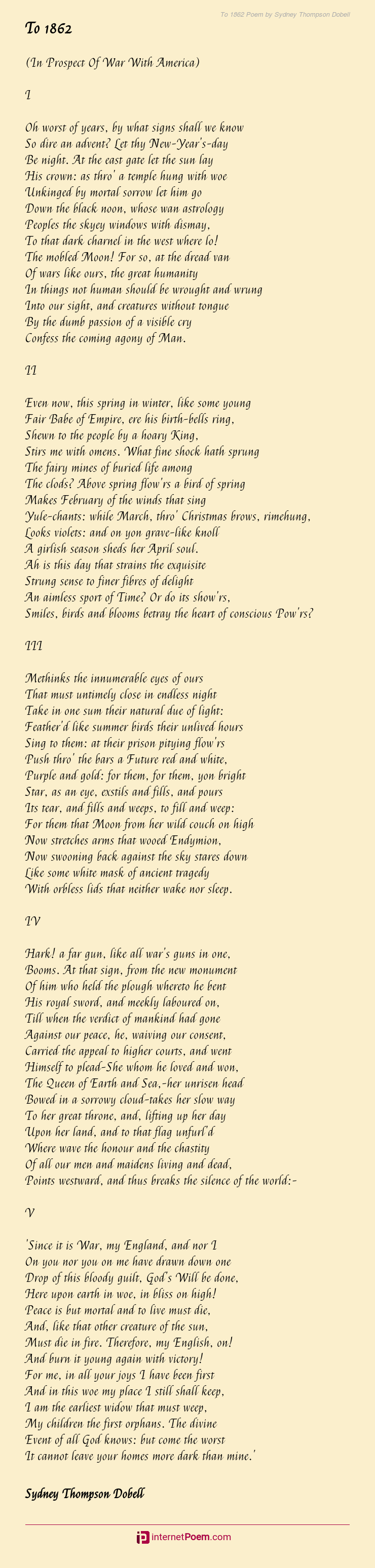 To 1862 Poem by Sydney Thompson Dobell