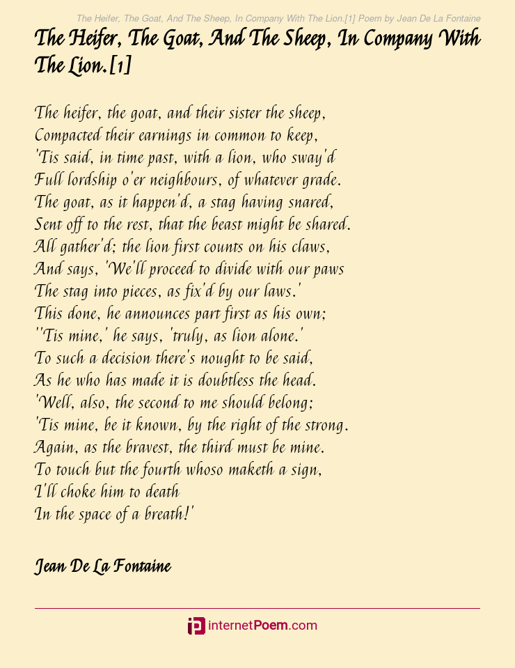 The Heifer, The Goat, And The Sheep, In Company With The Lion.[1] Poem ...