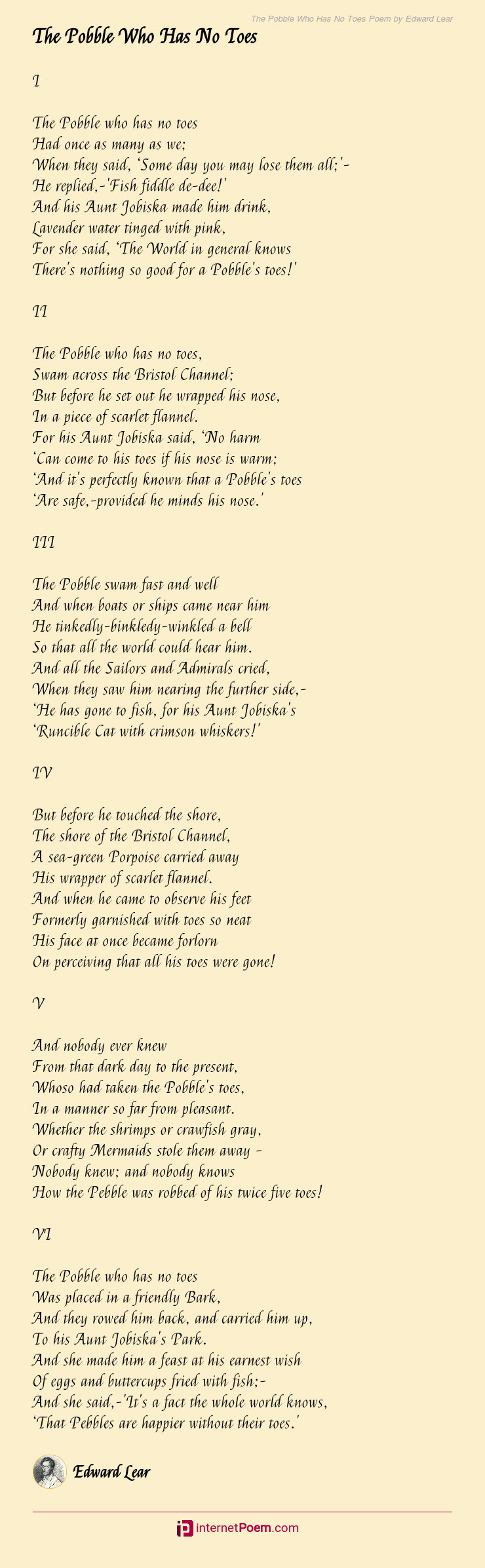 The Pobble Who Has No Toes Poem by Edward Lear