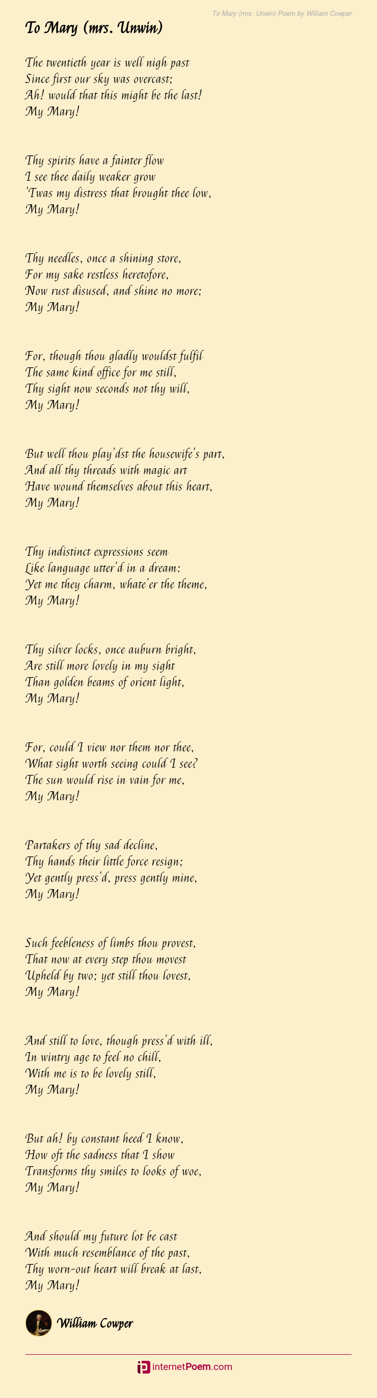 To Mary (mrs. Unwin) Poem by William Cowper