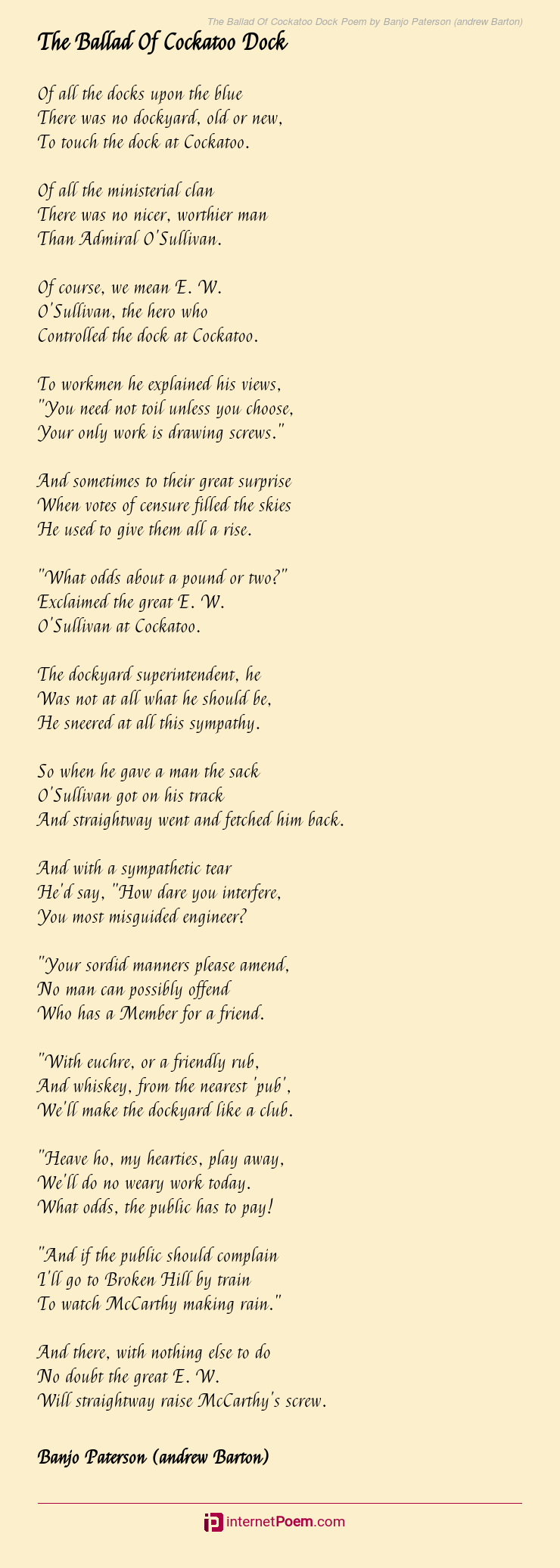 The Ballad Of Cockatoo Dock Poem by Banjo Paterson (andrew Barton)